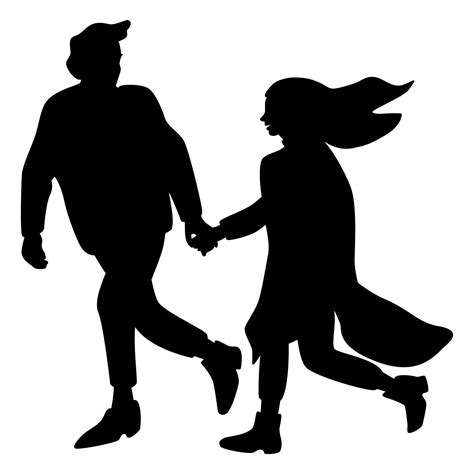 Silhouettes Of Man And Woman Running Together Holding Hands Romantic