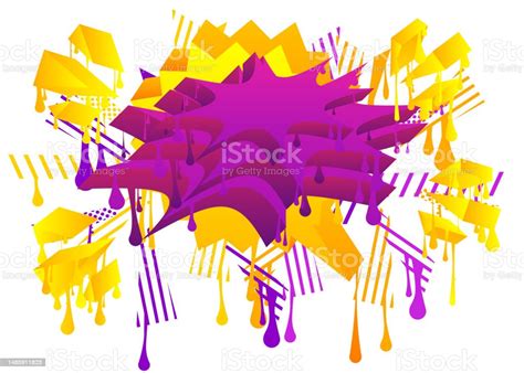 노란색 말풍선 흰색 배경에 분리된 보라색 요소가 있는 낙서 도시 회화 스타일의 배경입니다 현대 더러운 거리 예술 장식에 추상적인 토론 기호입니다 Brand Name