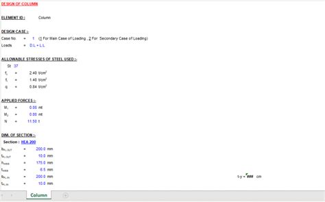 Design Of Column Excel Sheets