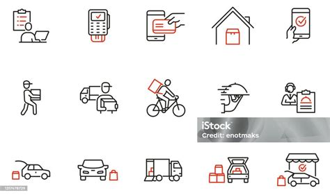 익스프레스 배달 프로세스 배달 홈 비접촉식 및 주문 커브사이드 픽업 온라인과 관련된 선형 아이콘의 벡터 집합입니다 모노 라인 픽토그램 및 인포그래픽 디자인 요소 아이콘에
