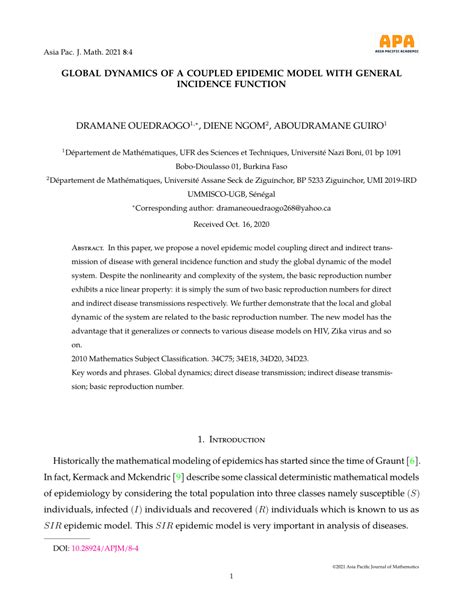 Pdf Global Dynamics Of A Coupled Epidemic Model With General Incidence Function