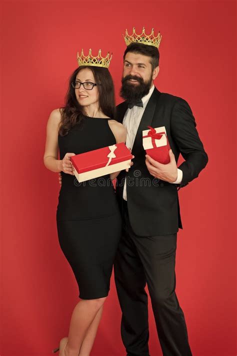 Being Recognised And Proud Proud Couple Got Presents Sensual Woman And Bearded Man Wear Crowns