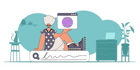 정보 검색의 개념 그 남자는 검색 창에 앉아 브라우저 창을 손에 들고 있습니다 선형 복고풍 스타일 캐릭터 에 대한 스톡 벡터 아트 및 기타 이미지 Istock