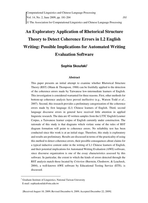 Pdf An Exploratory Application Of Rhetorical Structure Theory To Detect Coherence Errors In L2