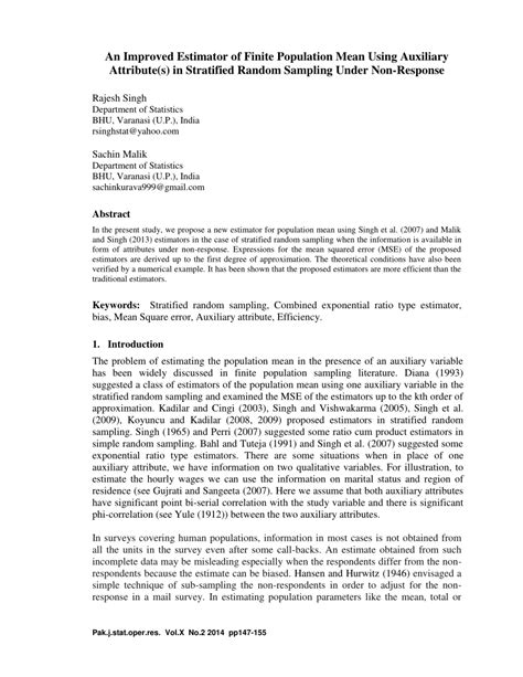 Pdf An Improved Estimator Of Finite Population Mean Using Auxiliary Attributes In Stratified