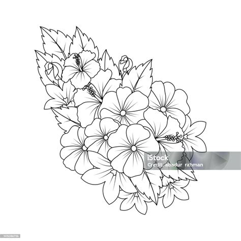 히비스커스 꽃 낙서 아트 디자인 색칠 공부 페이지의 상세한 라인 아트 벡터 그래픽 Hibisceae에 대한 스톡 벡터 아트 및 기타 이미지 Hibisceae 꽃 나무