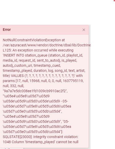 it is not possible to add a song manually to the queue [mysql error] · issue 4804 · azuracast