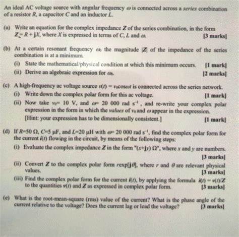 Solved An Ideal Ac Voltage Source With Angular Frequency W