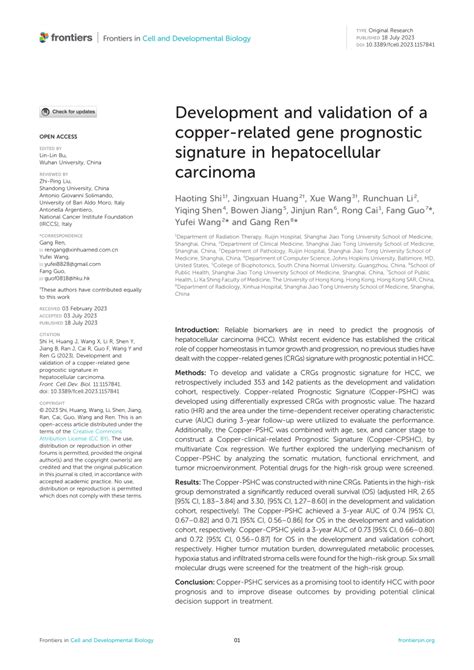 Pdf Development And Validation Of A Copper Related Gene Prognostic Signature In Hepatocellular