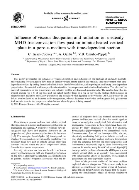 Pdf Influence Of Viscous Dissipation And Radiation On Unsteady Mhd Free Convection Flow Past