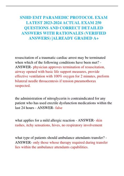 Snhd Emt Paramedic Protocol Exam Latest Actual Exam 250 Questions And Correct Detailed Answers