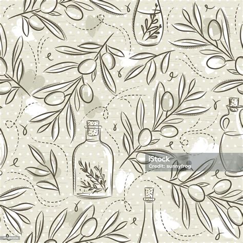 그런 지 배경에 올리브 식물과 병 베이지 원활한 패턴 직물 및 종이 또는 스크랩 예약 벡터에 인쇄하는 데 이상적입니다 건강한