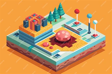 Explore A Vibrant Isometric Layout With Colorful Structures Trees And Playful Terrain Features