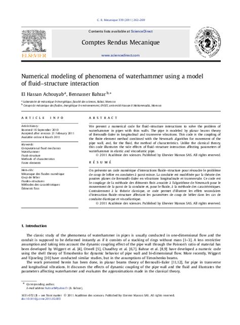 Pdf Numerical Modeling Of Phenomena Of Waterhammer Using A Model Of Fluidstructure Interaction