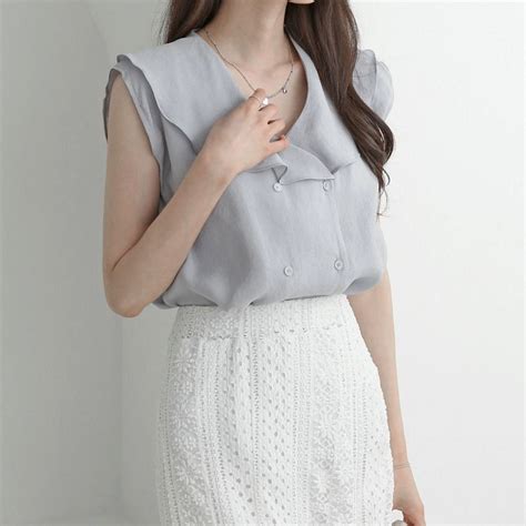 여름 프릴 카라 더블버튼 정장 블라우스 D36263k