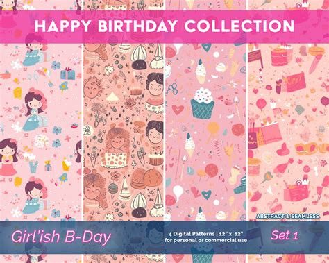 Happy Birthday Girly Patterns Digital Paper Seamless Pink Patterns