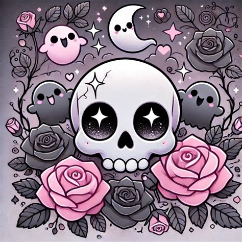 Creepy Cute Dark Gothic Art Print Spooky Kawaii Skull And Flowers