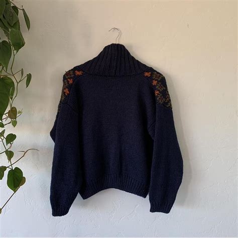 Vintage 90s Hand Knit Navy Cardigan This Depop