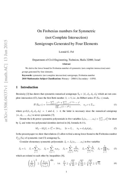 Pdf On Frobenius Numbers For Symmetric Not Complete Intersection Semigroups Generated By