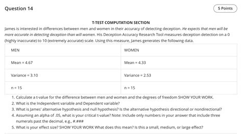 Solved T Test Computation Section James Is Interested In