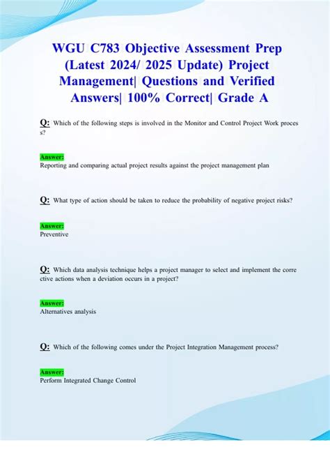 Wgu C783 Objective Assessment Prep Latest 2024 2025 Update Project Management Questions And