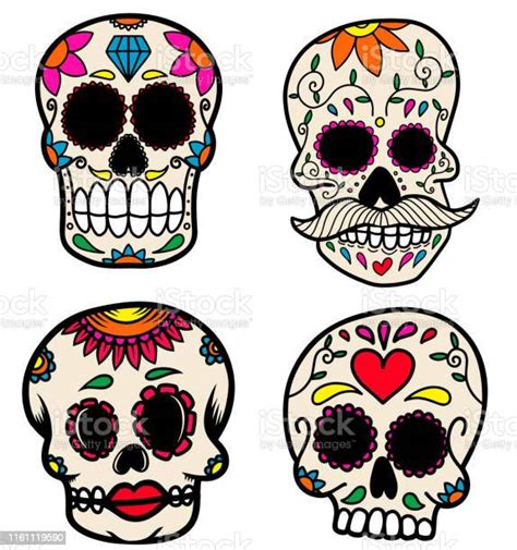 흰색 배경에 고립 된 손으로 그린 멕시코 설탕 두개골 세트 포스터 카드 배너 티셔츠 엠블럼 기호에 대 한 디자인 요소입니다 벡터 일러스트레이션 설탕 해골에 대한 스톡 벡터