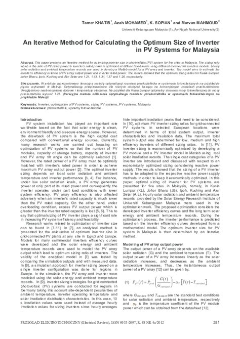 Pdf An Iterative Method For Calculating The Optimum Size Of Inverter In Pv Systems For Malaysia