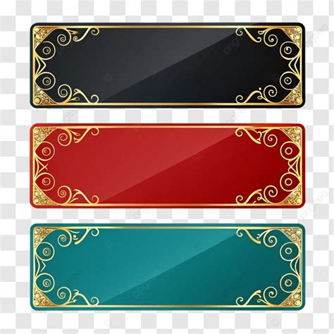 복잡한 황금색 테두리가있는 3 개의 반짝이는 그라디언트 직사각형 레이블 세트 상단 라벨은 검은 색입니다 황금 상표 설계 Png 일러스트 및 이미지 에 대한 무료