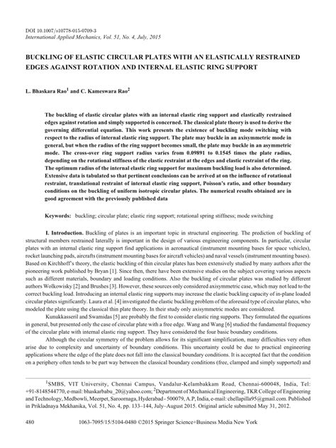 Pdf Buckling Of Elastic Circular Plates With An Elastically Restrained Edges Against Rotation