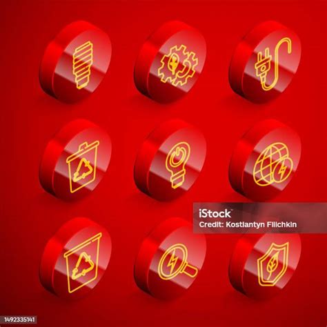 라인 Led 전구 기어 머신의 잎 식물 전기 플러그 재활용이 있는 휴지통 라이트 라이트닝 글로벌 에너지 파워 플래닛 및 번개 볼트 아이콘을 설정합니다 벡터 0명에 대한 스톡