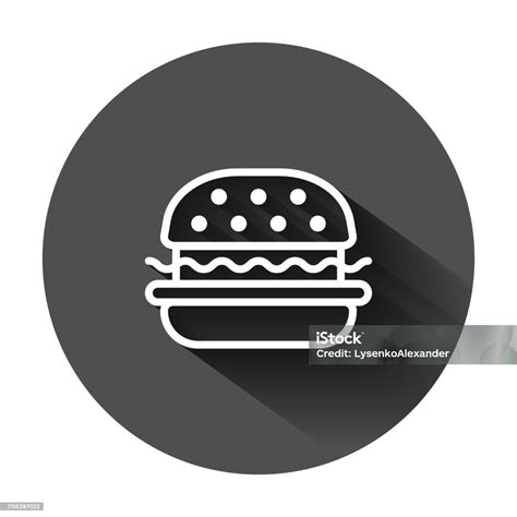 평면 스타일에서 햄버거 기호 아이콘입니다 긴 그림자와 검은 색 둥근 배경에 햄버거 벡터 일러스트 치즈 버거 비즈니스 개념입니다 0명에 대한 스톡 벡터 아트 및 기타 이미지
