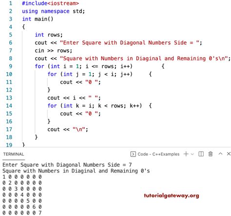 c program to print square with diagonal numbers pattern