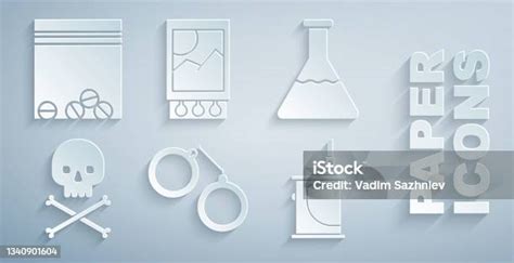 세트 수갑 테스트 튜브 플라스크 크로스 본에 두개골 전자 담배 오픈 성냥갑 일치 및 마약 아이콘의 비닐 가방 벡터 3차원 형태에 대한 스톡 벡터 아트 및 기타 이미지