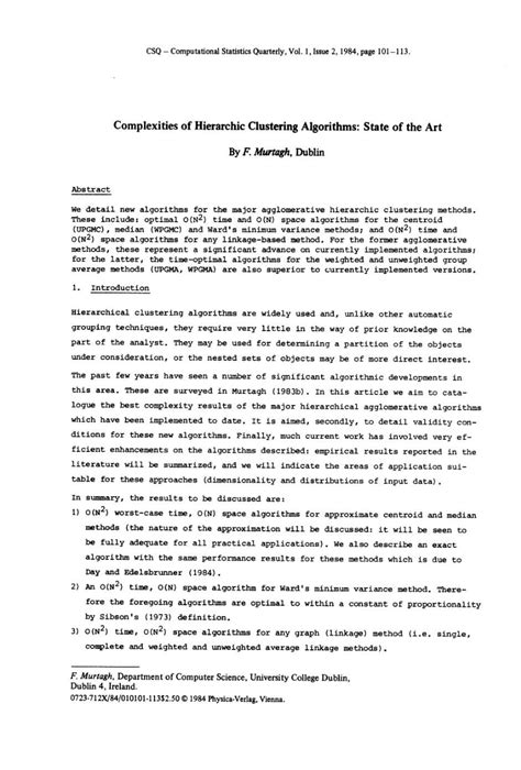 Pdf Complexities Of Hierarchic Clustering Algorithms State Of The Art