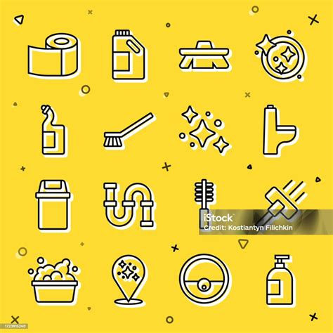 세트 라인 식기 세척액 병 진공 청소기 변기 청소용 브러시 종이 롤 및 홈 서비스 아이콘 벡터 가사 집안일에 대한 스톡 벡터 아트 및 기타 이미지 Istock