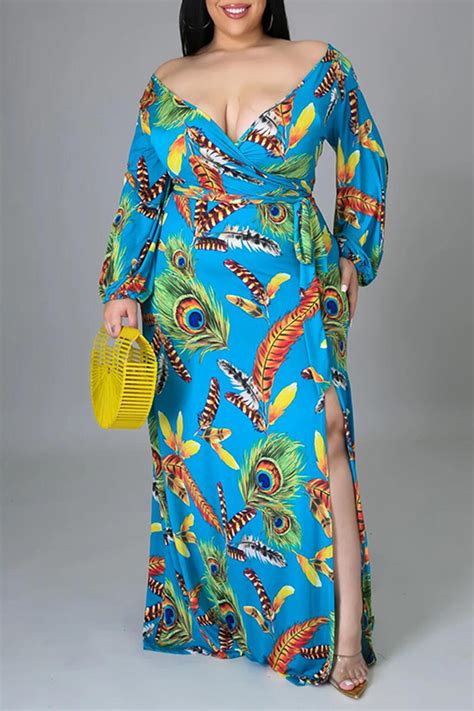 Wholesale Black Fashion Sexy Print Slit V Neck Long Sleeve Plus Size