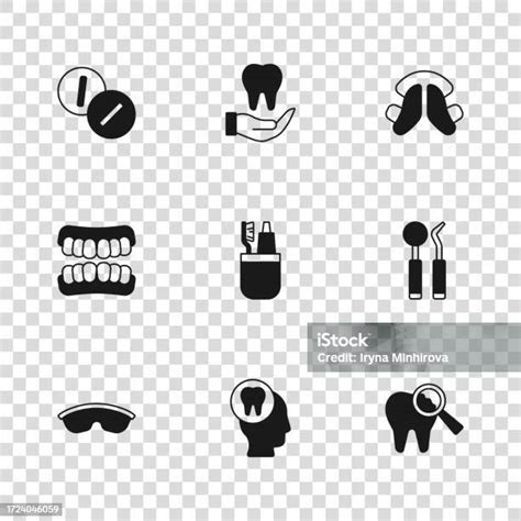 치통 치과 거울 및 프로브 부러진 치아 칫솔 치약 플레이트 진통제 정제 및 틀니 모델 아이콘을 설정합니다 벡터 건강 진단에 대한 스톡 벡터 아트 및 기타 이미지 Istock