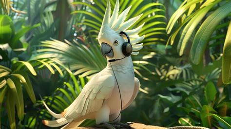 A White Cockatoo Wearing Headphones Sits In A Tropical Jungle Looking Relaxed And Enjoying Music