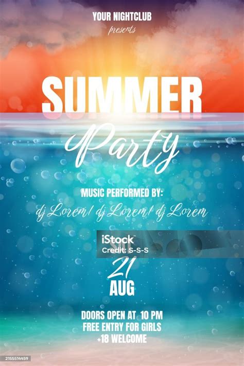 사실적인 수중 포스터입니다 수영장 여름 해변 파티 초대 전단지 물 수평선 배경에서 바다 호수 자연 다이빙 클럽 배너 바다 파도 이벤트 정확한 벡터 일러스트 레이 션 파티에