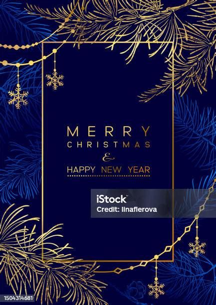 짙은 파란색 배경에 황금빛 소나무 가지가 있는 크리스마스 포스터 새해 그림입니다 크리스마스에 대한 스톡 벡터 아트 및 기타 이미지 크리스마스 금 금속 금색 Istock