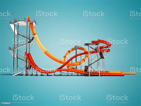 현대 두 개의 붉은 색과 오렌지색 워터 슬라이드 워터 파크 대 한 그림자와 파란색 배경에 3d 사이드 렌더링에서 곡선에 대한 스톡 사진 및 기타 이미지 Istock