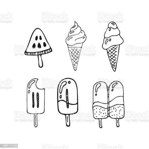 손으로 그린 낙서 아이스크림 와플 콘 세트 카페 메뉴 카드 생일 카드 장식을위한 스케치 스타일 벡터 일러스트레이션 개체 그룹에