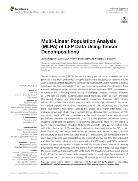 Pdf Multi Linear Population Analysis Mlpa Of Lfp Data Using Tensor