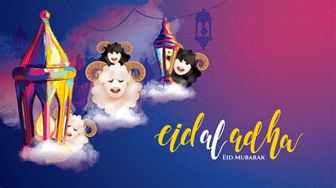 이드 알아드하 벡터 일러스트레이션 무슬림 휴일 이드 알 아드하 램 화이트와 검은 양을 희생 그래픽 디자인 장식 Kurban Bayrami 달 양과 램프 아랍어번역 이드