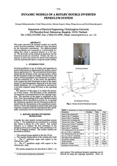 Pdf Dynamic Models Of A Rotary Double Inverted Pendulum System