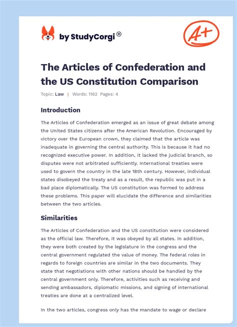 The Articles Of Confederation And The Us Constitution Comparison Free Essay Example
