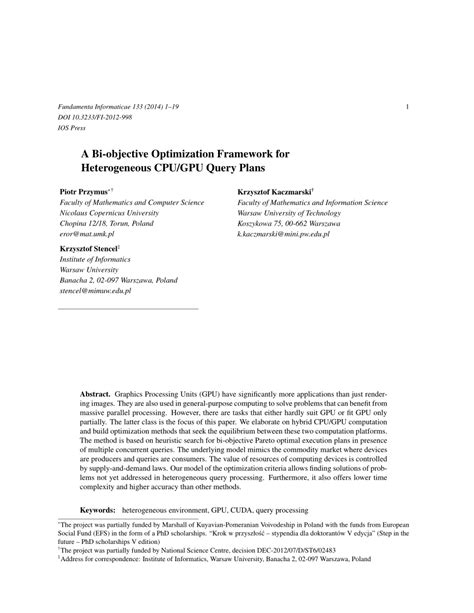 Pdf A Bi Objective Optimization Framework For Heterogeneous Cpugpu Query Plans