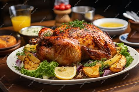 Whole Roasted Chicken On A Plate Image Premium Ai Generated Image