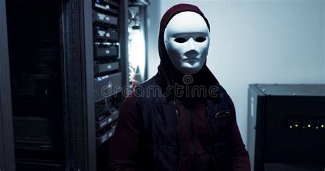 Server Room Hacker And Person With Mask Night And Scam Of Cybersecurity Phishing And Cyber