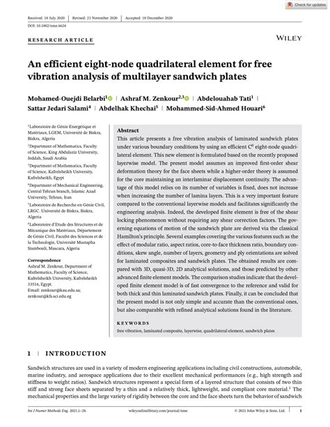 Pdf An Efficient Eight‐node Quadrilateral Element For Free Vibration Analysis Of Multilayer